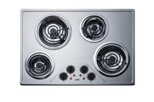 summit cr430ss 30-inch wide 230v 4-burner coil electric cooktop, stainless-steel surface, easy to clean, four coil burners total 6000 watts, push-to-turn solid knobs, with indicator lights