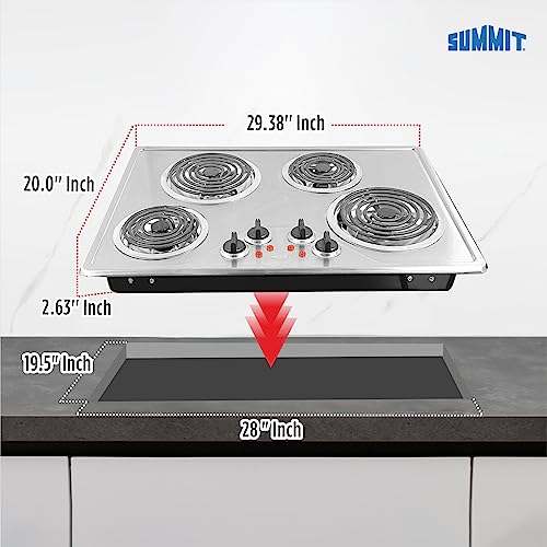 Summit CR430SS 30-inch Wide 230V 4-Burner Coil Electric Cooktop, Stainless-Steel Surface, Easy to Clean, Four Coil Burners Total 6000 Watts, Push-to-turn Solid Knobs, with Indicator Lights