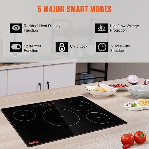 VEVOR Electric Cooktop, 4 Burners, 30'' Induction Stove Top, Built-in Magnetic Cooktop 7500W, 9 Heating Level Multifunctional Burner, LED Touch Screen w/Child Lock & Over-Temperature Protection