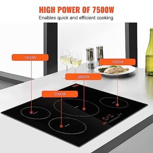 VEVOR Electric Cooktop, 4 Burners, 30'' Induction Stove Top, Built-in Magnetic Cooktop 7500W, 9 Heating Level Multifunctional Burner, LED Touch Screen w/Child Lock & Over-Temperature Protection