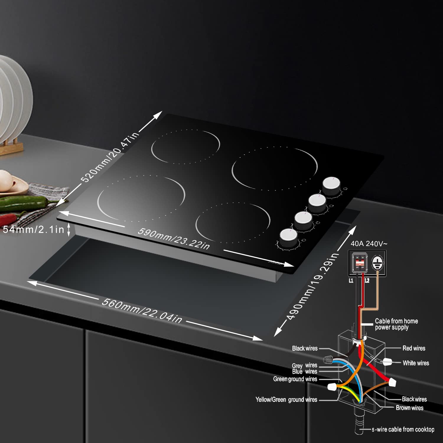 24 Inch Electric Cooktop Hobsir 4 Burners Built-in Radiant Electric Stove, 9 Heating Level, Residual Heat Indicator, Over-Temperature Protection, 220V-240V Hard Wire (No Plug)