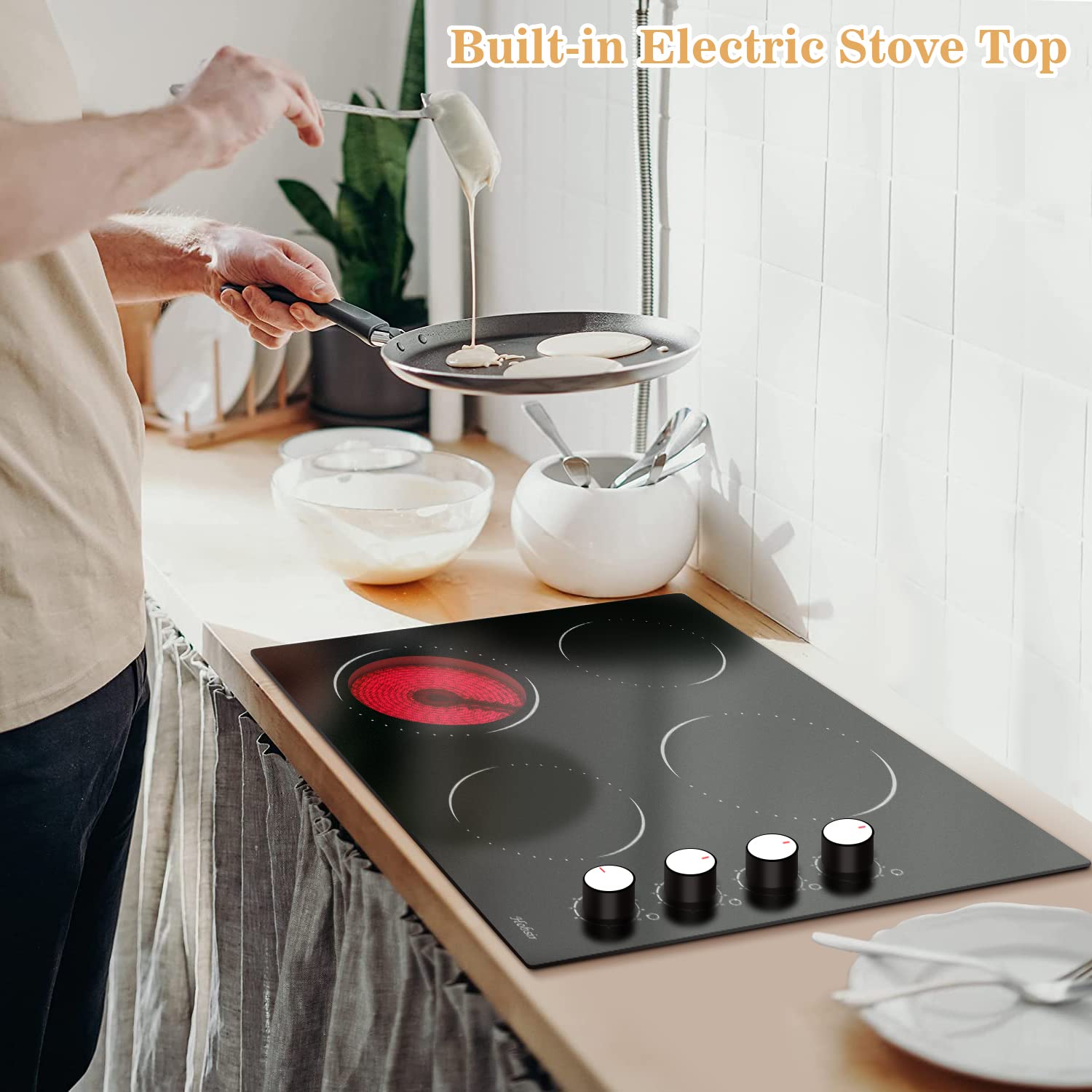 24 Inch Electric Cooktop Hobsir 4 Burners Built-in Radiant Electric Stove, 9 Heating Level, Residual Heat Indicator, Over-Temperature Protection, 220V-240V Hard Wire (No Plug)