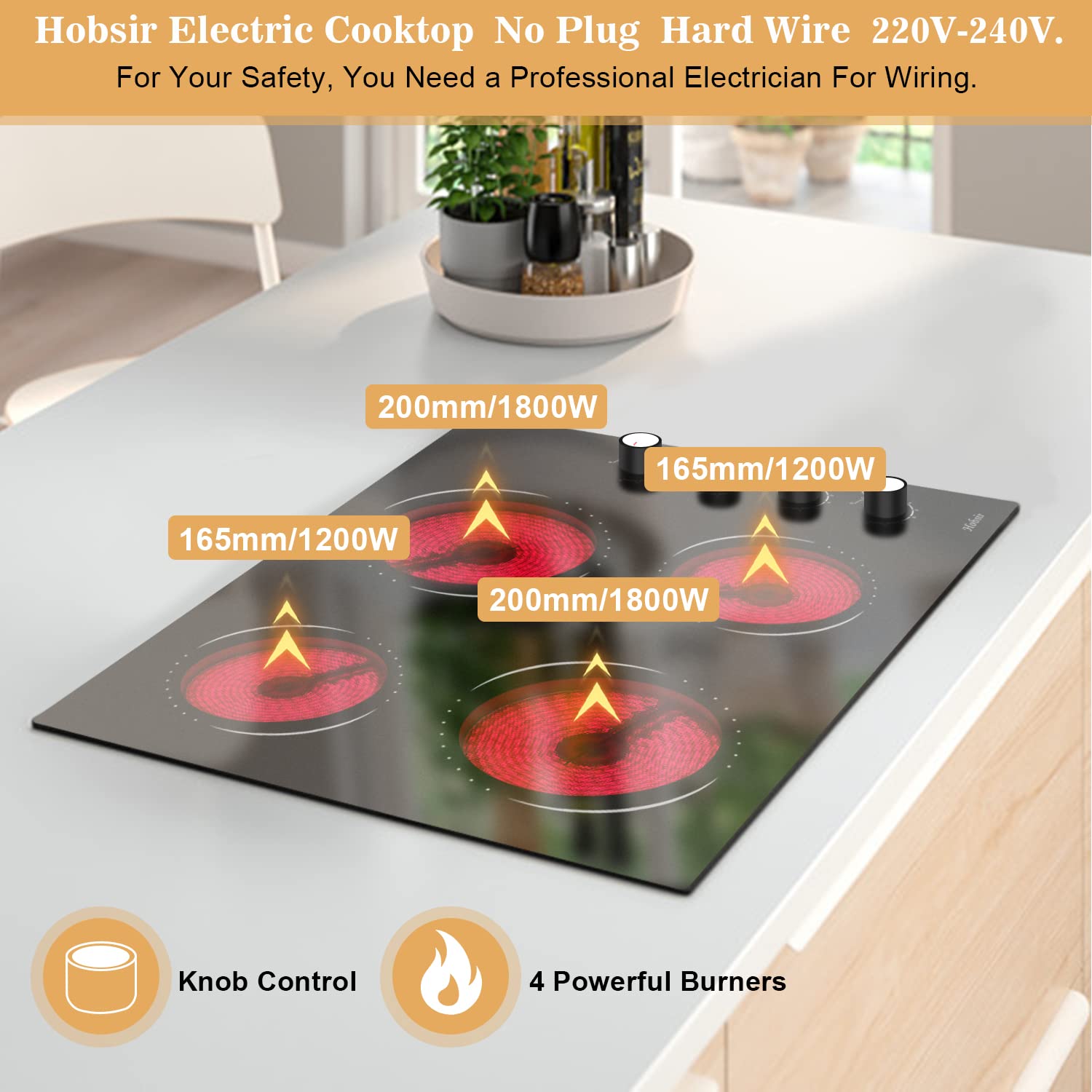 24 Inch Electric Cooktop Hobsir 4 Burners Built-in Radiant Electric Stove, 9 Heating Level, Residual Heat Indicator, Over-Temperature Protection, 220V-240V Hard Wire (No Plug)