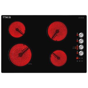 tthob electric cooktop 30 inch, 4 burners electric stove top 220-240v 6600w built-in radiant expand outer heating rings, timer, child lock, residual heat indicator, knob control, hard wired, no plug