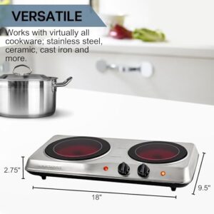 OVENTE Countertop Infrared Double Burner, 1700W Electric Hot Plate and Portable Stove with 7.75" and 6.75" Ceramic Glass Cooktop, 5 Level Temperature Setting and Easy to Clean Base, Silver BGI102S