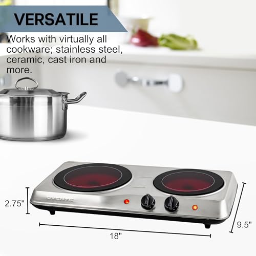 OVENTE Countertop Infrared Double Burner, 1700W Electric Hot Plate and Portable Stove with 7.75" and 6.75" Ceramic Glass Cooktop, 5 Level Temperature Setting and Easy to Clean Base, Silver BGI102S