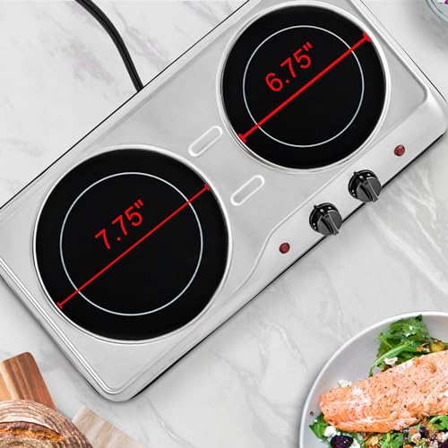 OVENTE Countertop Infrared Double Burner, 1700W Electric Hot Plate and Portable Stove with 7.75" and 6.75" Ceramic Glass Cooktop, 5 Level Temperature Setting and Easy to Clean Base, Silver BGI102S