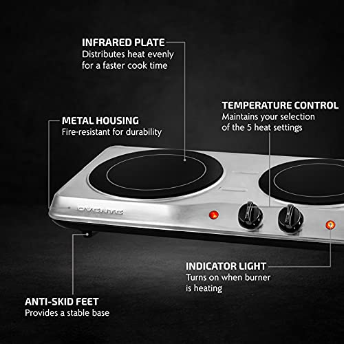 OVENTE Countertop Infrared Double Burner, 1700W Electric Hot Plate and Portable Stove with 7.75" and 6.75" Ceramic Glass Cooktop, 5 Level Temperature Setting and Easy to Clean Base, Silver BGI102S