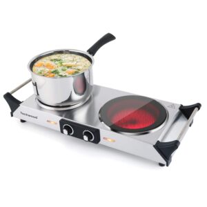 techwood electric stove, double infrared ceramic hot plate for cooking, two control cooktop burner, portable anti-scald handles suitable for office/home/camp use, 1800w compatible for all cookwares