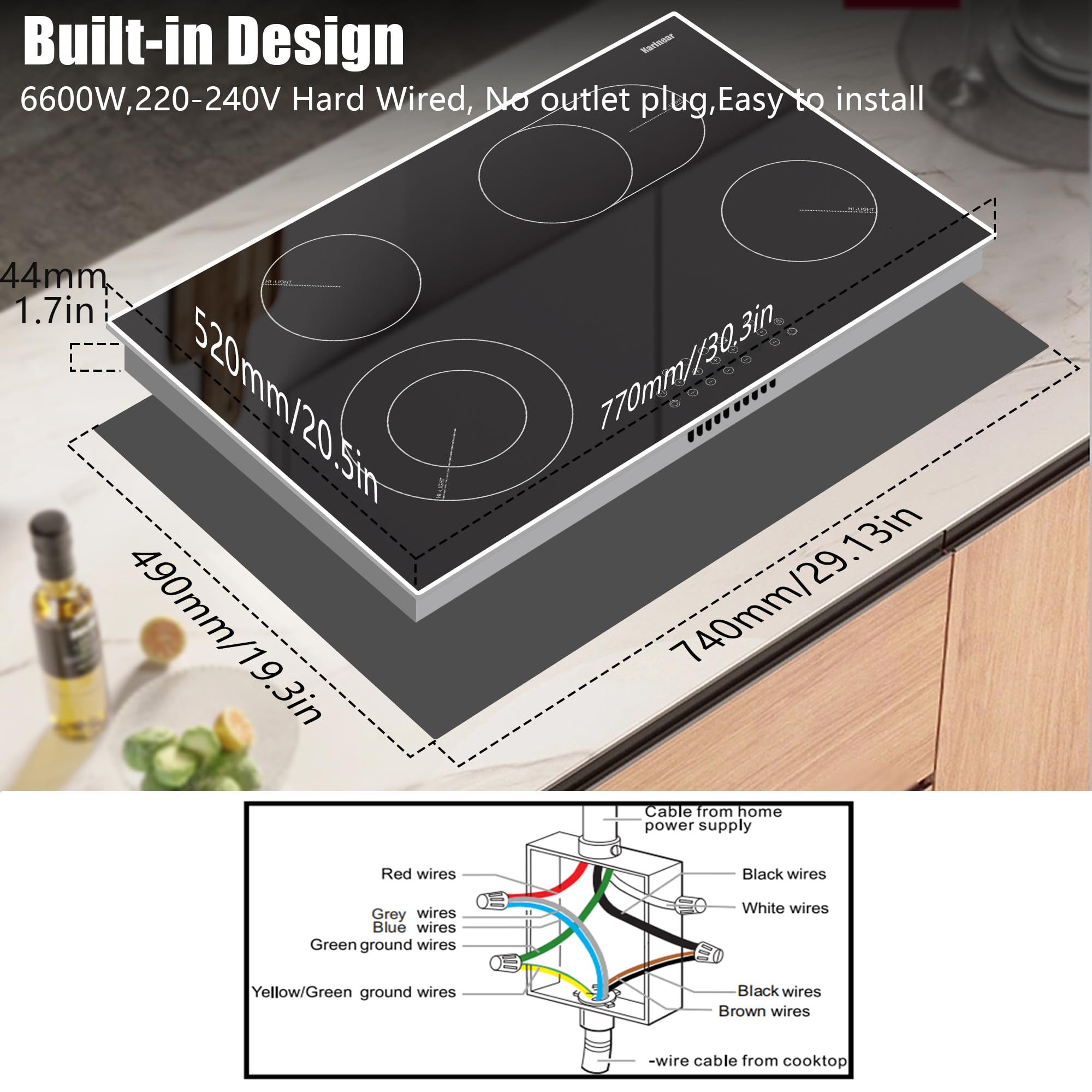 Karinear Electric Cooktop 30 Inch, 4 Burners 7100W Built-in Radiant Electric Stove Top, Ceramic Cooktop with Glass Protection Metal Frame, Kid Safety Lock, Timer, Pause,220-240v Hard Wire, No Plug