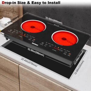 Karinear 2 Burners Electric Cooktop 24 Inch, 110v~120v Countertop and Built-in Elecric Stove Top, Portable Electric Radiant with Outlet Plug, Sensor Touch, Child Safety Lock, Timer