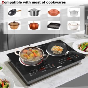 Karinear 2 Burners Electric Cooktop 24 Inch, 110v~120v Countertop and Built-in Elecric Stove Top, Portable Electric Radiant with Outlet Plug, Sensor Touch, Child Safety Lock, Timer