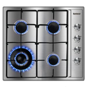 karinear 24 inch gas cooktop gas stove 4 burners, built-in stainless steel gas hob, ng/lpg dual fuel gas stovetop with thermocouple protection for apartments, indoor (come with pressure regulator)