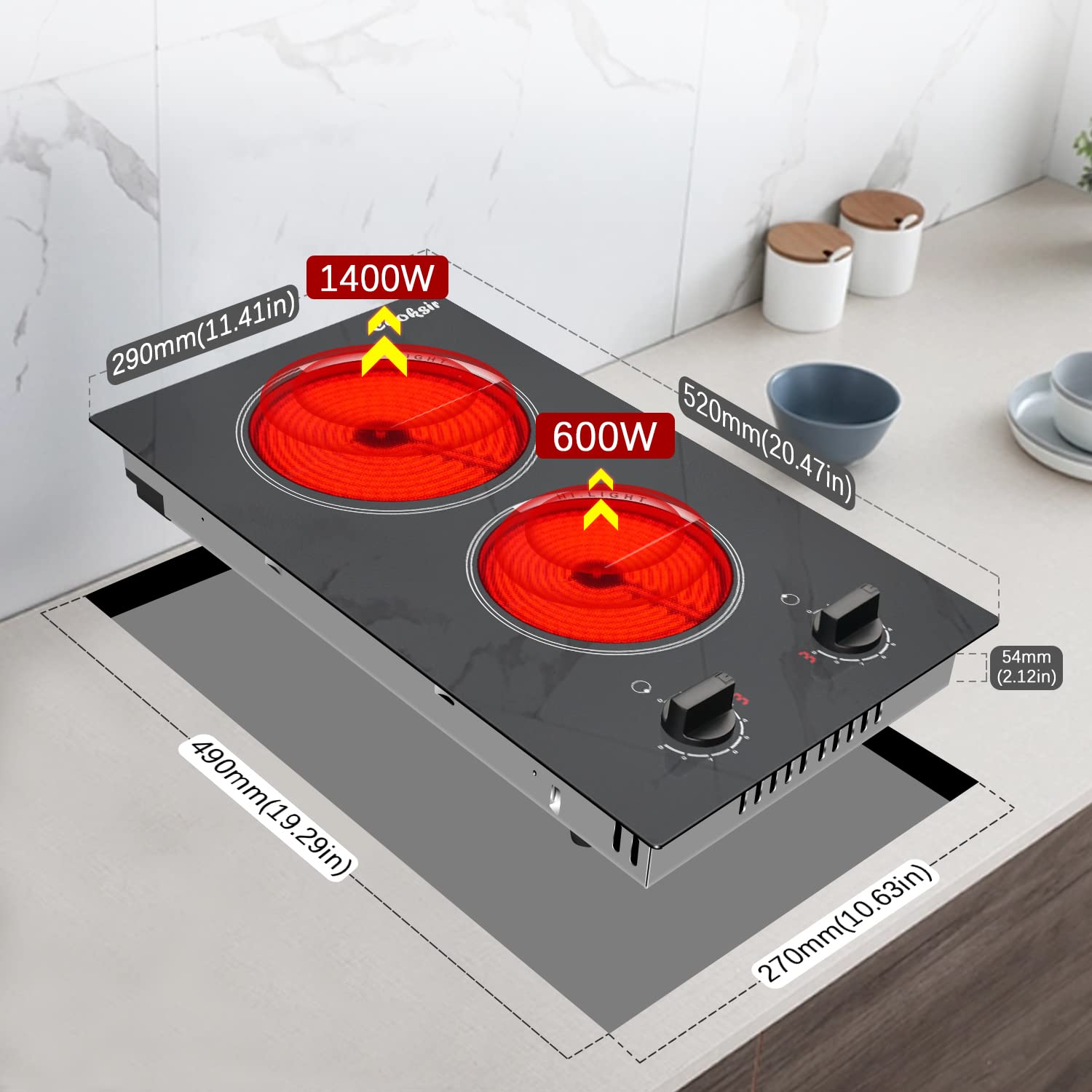 Cooksir 2 Burner Electric Cooktop - 110v Countertop Electric Stovetop 2000W, 12 Inch Ceramic Stove with Residual Heat Indicator, Over-Temperature Protection, 9 Power Levels, Knob Control, 120V Plug in