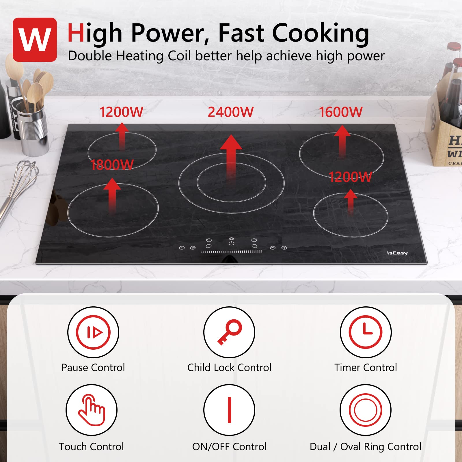 Electric Cooktop Ceramic Stove 5 Burners 30 inch Built-in Countertop Burners Cooker Satin Glass in Black Touch Sensor Control,Timer,Child Safety Lock,9 Power Levels,220-240V