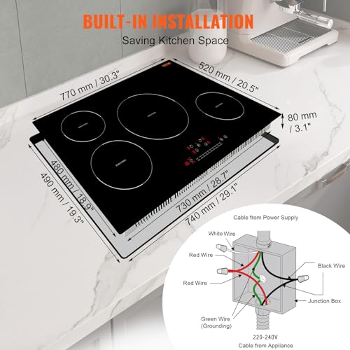 VEVOR Built-in Induction Electric Stove Top 30 Inch,4 Burners Electric Cooktop,9 Power Levels & Sensor Touch Control,Easy to Clean Ceramic Glass Surface,Child Safety Lock,240V