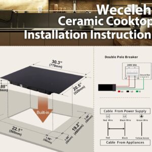 Weceleh Electric Cooktop 30 Inch, Built-in Ceramic Cooktops 6400W, Electric Stove Top with 4 Electric Burners, 9 Heating Level, Kid Safety Lock, Sensor Touch Control, 99Mins Timer, 220-240V (NO PLUG)