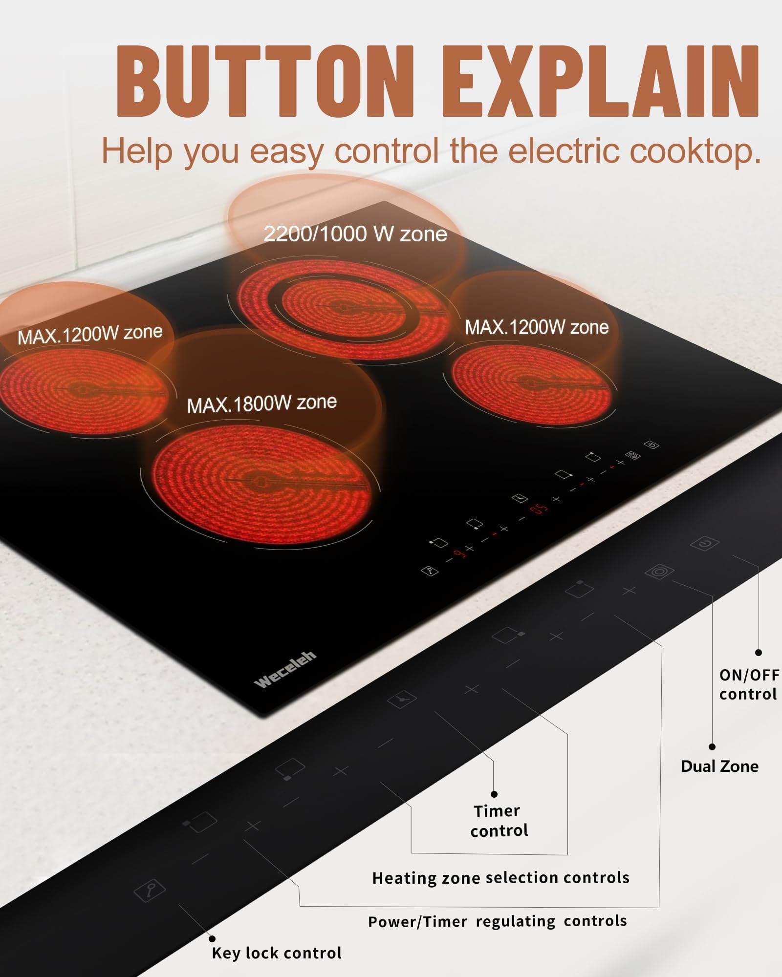 Weceleh Electric Cooktop 30 Inch, Built-in Ceramic Cooktops 6400W, Electric Stove Top with 4 Electric Burners, 9 Heating Level, Kid Safety Lock, Sensor Touch Control, 99Mins Timer, 220-240V (NO PLUG)