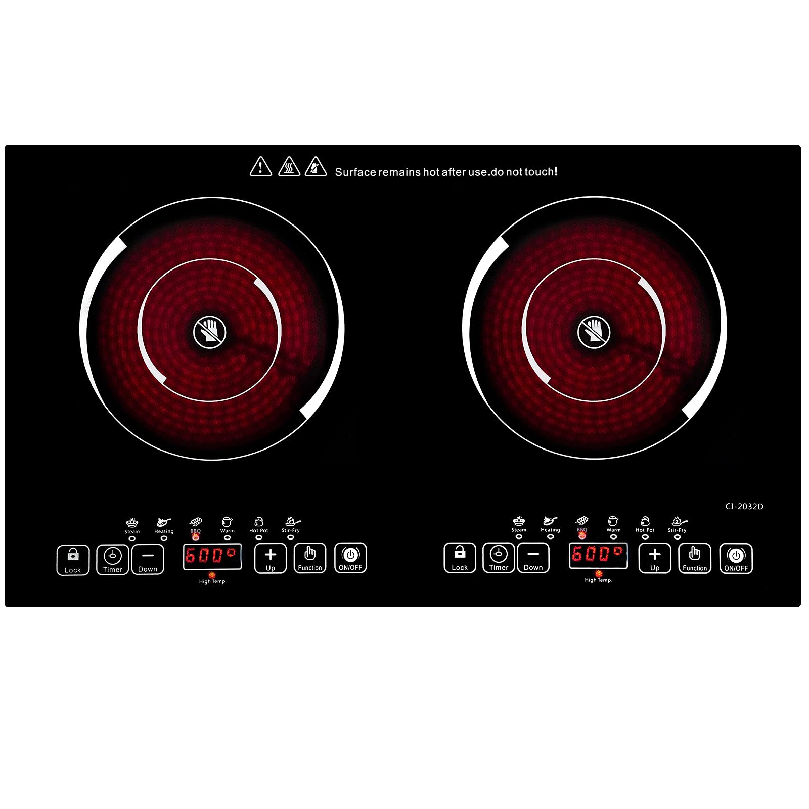 24 inch 2 Burners Electric Cooktop 110V Ceramic Electric Stove with 2 Cooktops 2000W Ajustable portable Electric Cooktop for Cooking(2 Burner Countertop round)