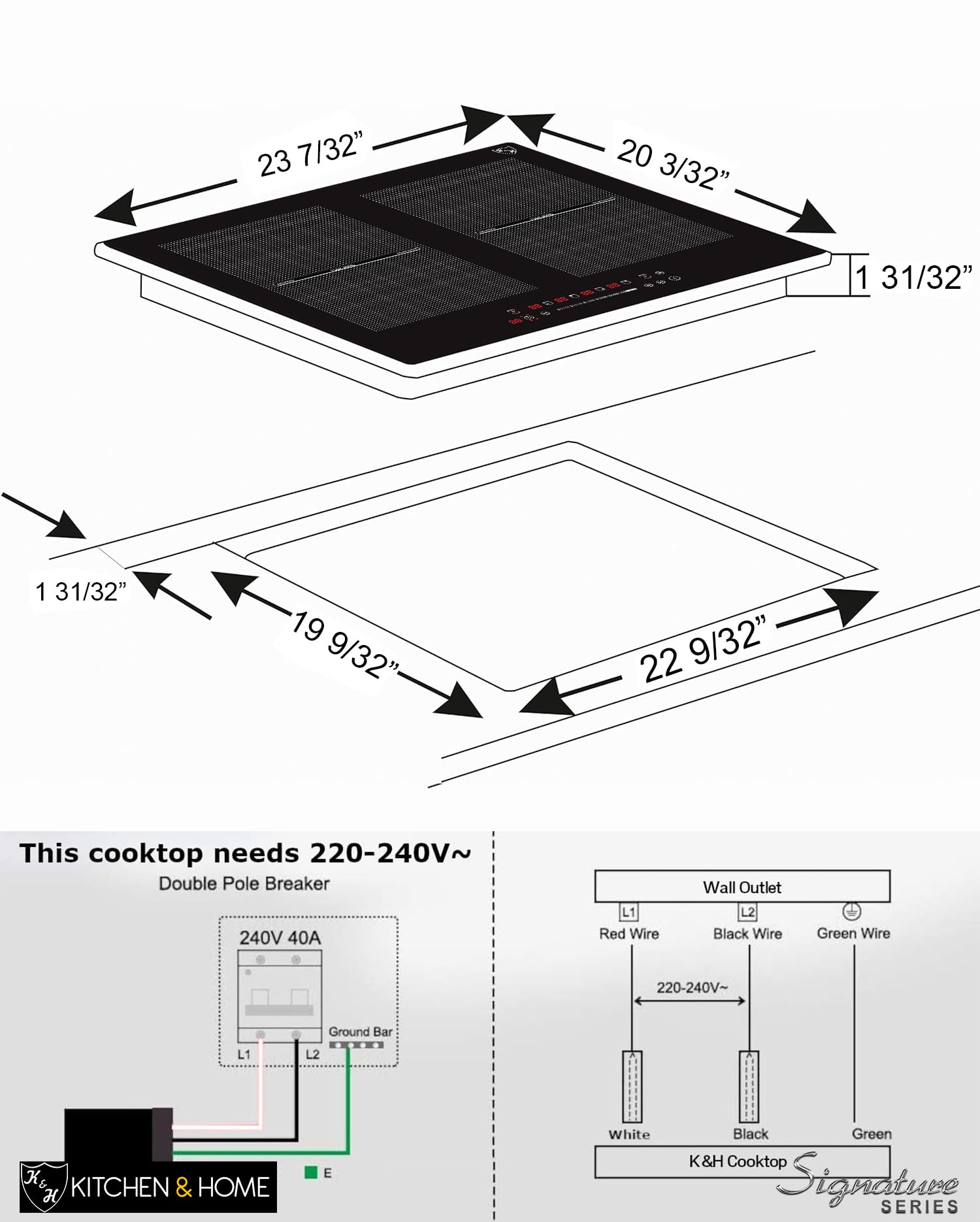 K&H SIGNATURE SERIES 4 Burner 24 Inch Built-in Induction FLEX Electric Stove Top Ceramic Cooktop SLIDER Touch Control 240V 6800W IN24-6004FLX