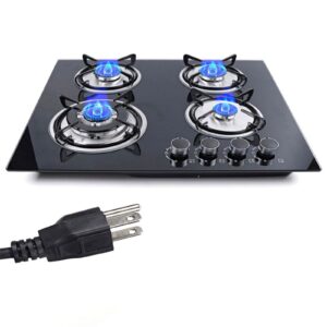 23.23"tempered glass gas cooktop,electric 4 burners gas stoves top, drop-in gas hob dual fuel lpg/ng gas cooker stovetop built-in gas stove 4 burners for home kitchen/commercial restaurant black,3300w