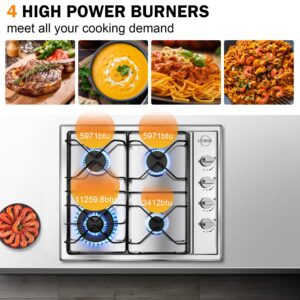 4 Burner Gas Stove Gas Cooktop 24 Inch, Stainless Steel Built-in Gas Hob for LPG/NG Dual Fuel, Natural Gas/Propane Cooktop with Flame-out Protection for Kitchen Apartmen, Easy to Clean, 110v