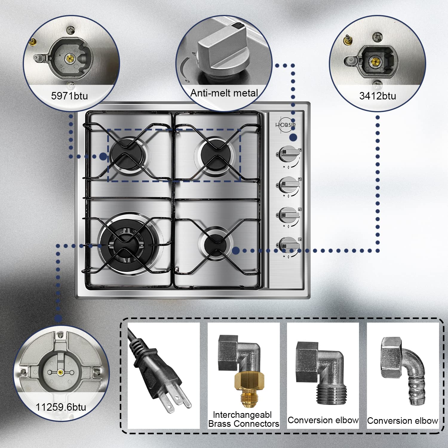 4 Burner Gas Stove Gas Cooktop 24 Inch, Stainless Steel Built-in Gas Hob for LPG/NG Dual Fuel, Natural Gas/Propane Cooktop with Flame-out Protection for Kitchen Apartmen, Easy to Clean, 110v