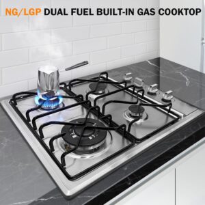 4 Burner Gas Stove Gas Cooktop 24 Inch, Stainless Steel Built-in Gas Hob for LPG/NG Dual Fuel, Natural Gas/Propane Cooktop with Flame-out Protection for Kitchen Apartmen, Easy to Clean, 110v