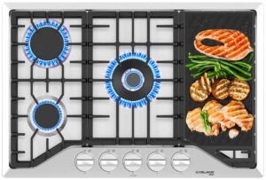 30 inch gas cooktop with griddle, gasland chef pro gh3305sf gas stovetop with 5 burners, reversible cast iron grill/griddle, 120v plug-in, ng/lpg convertible, csa certified, stainless steel