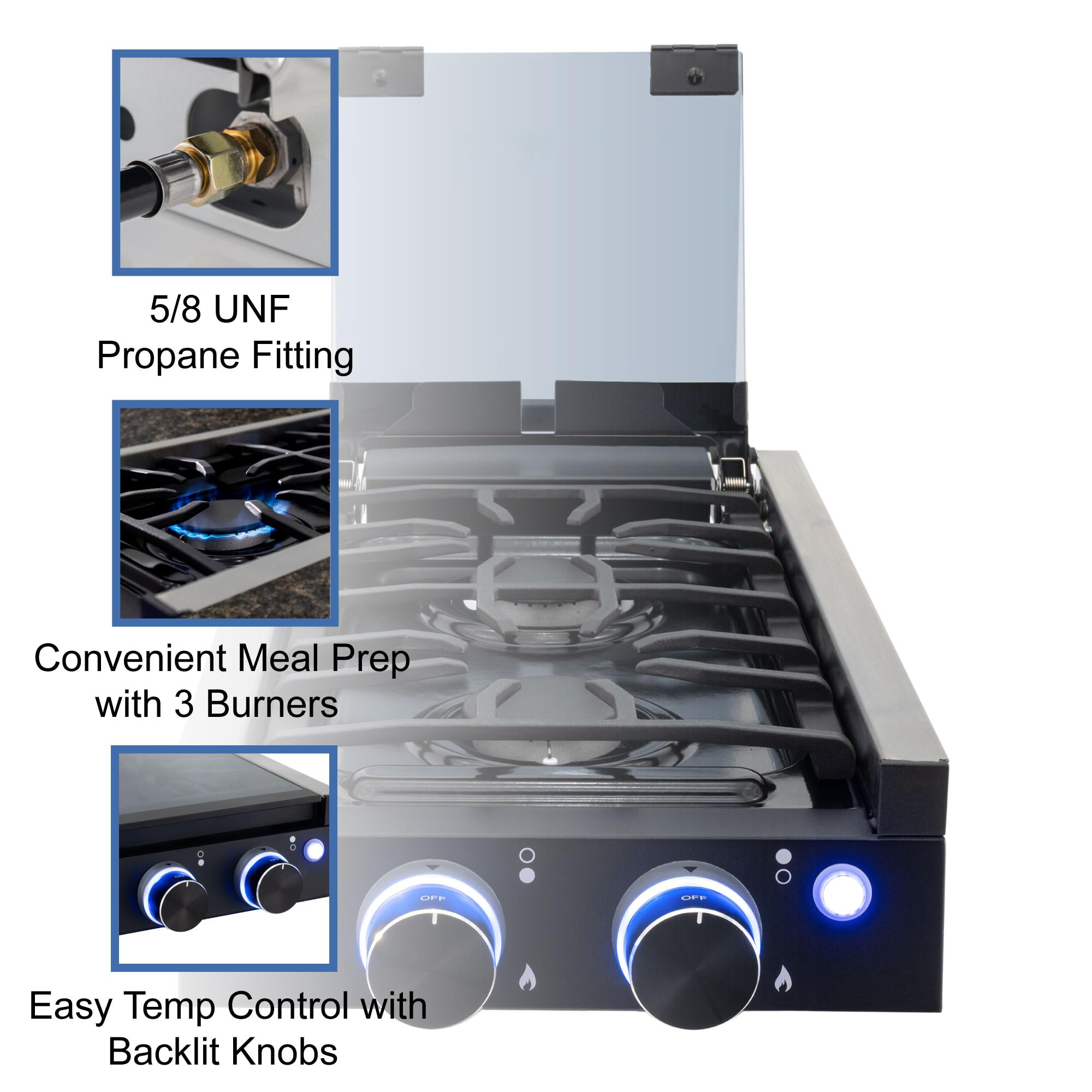 RecPro RV Built In Gas Cooktop | 2 Burner or 3 Burner | RV Cooktop Stove | 6,500 and 8,000 BTU Burners | Cover Included (Black, 2-Burner)