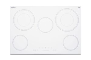 summit appliance cr5b30t8w 30" wide 5-burner radiant cooktop, white, ceramic glass surface, digital touch controls, 9 power levels, programmable timer, residual heat indicator, 208-240v operation