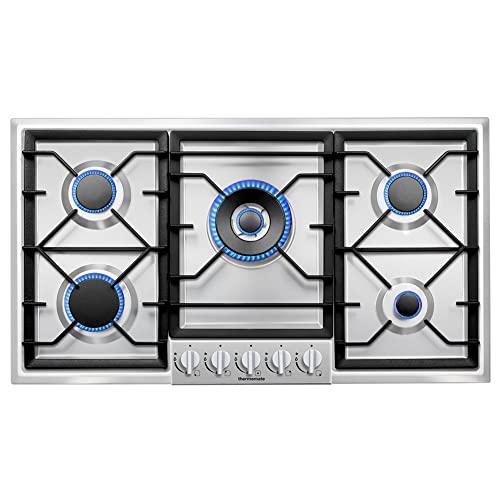 thermomate 36 Inch Gas Cooktop, Built In Gas Rangetop with High Efficiency Burners, NG/LPG Convertible Stainless Steel Gas Stove Top with Thermocouple Protection, 120V AC