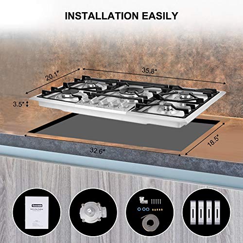 thermomate 36 Inch Gas Cooktop, Built In Gas Rangetop with High Efficiency Burners, NG/LPG Convertible Stainless Steel Gas Stove Top with Thermocouple Protection, 120V AC