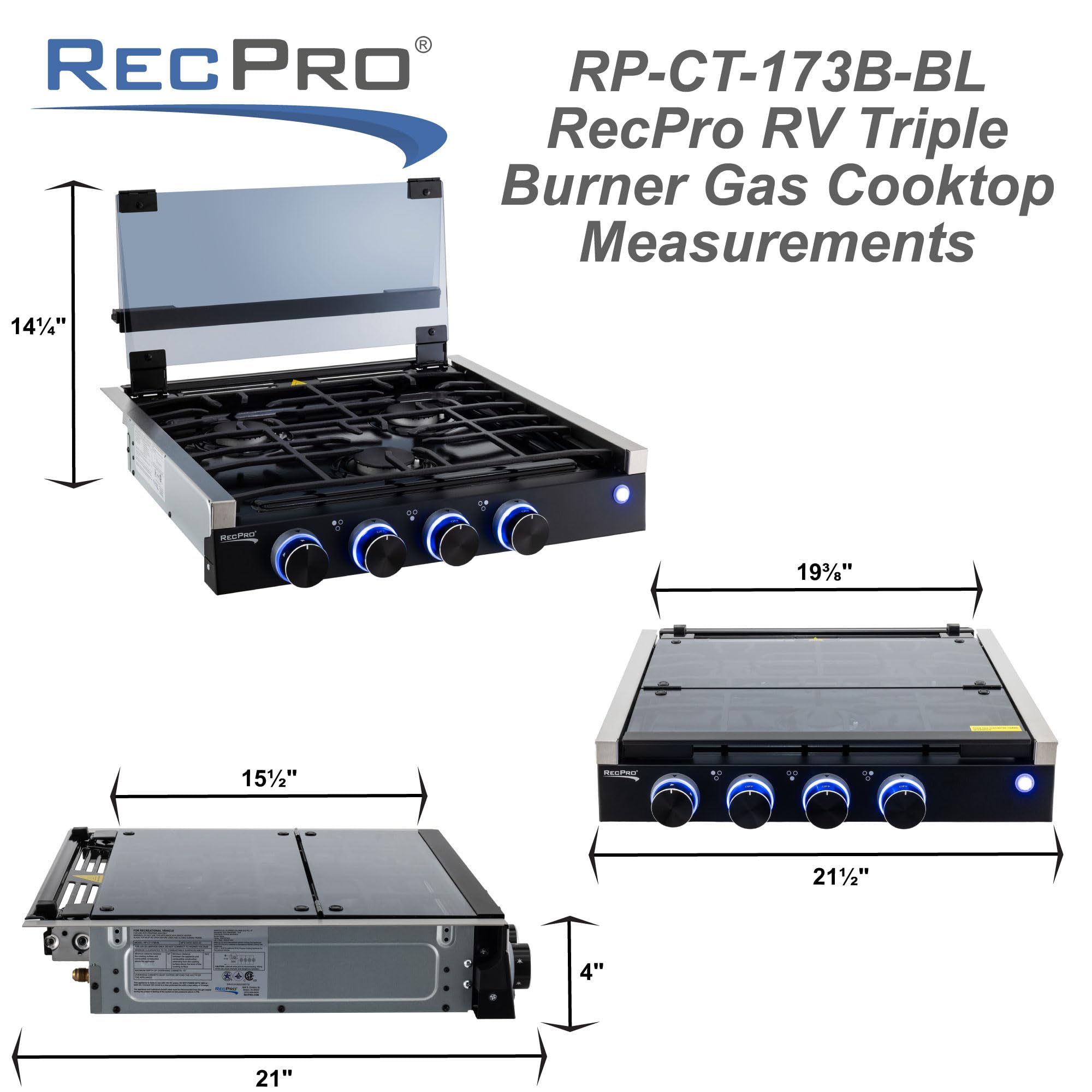 RecPro RV Built In Gas Cooktop | 2 Burner or 3 Burner | RV Cooktop Stove | 6,500 and 8,000 BTU Burners | Cover Included (Black, 3-Burner)