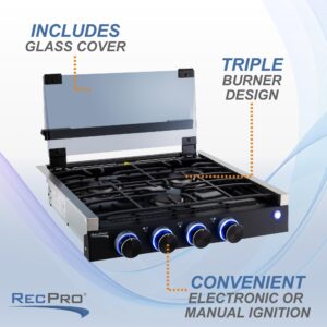 RecPro RV Built In Gas Cooktop | 2 Burner or 3 Burner | RV Cooktop Stove | 6,500 and 8,000 BTU Burners | Cover Included (Black, 3-Burner)