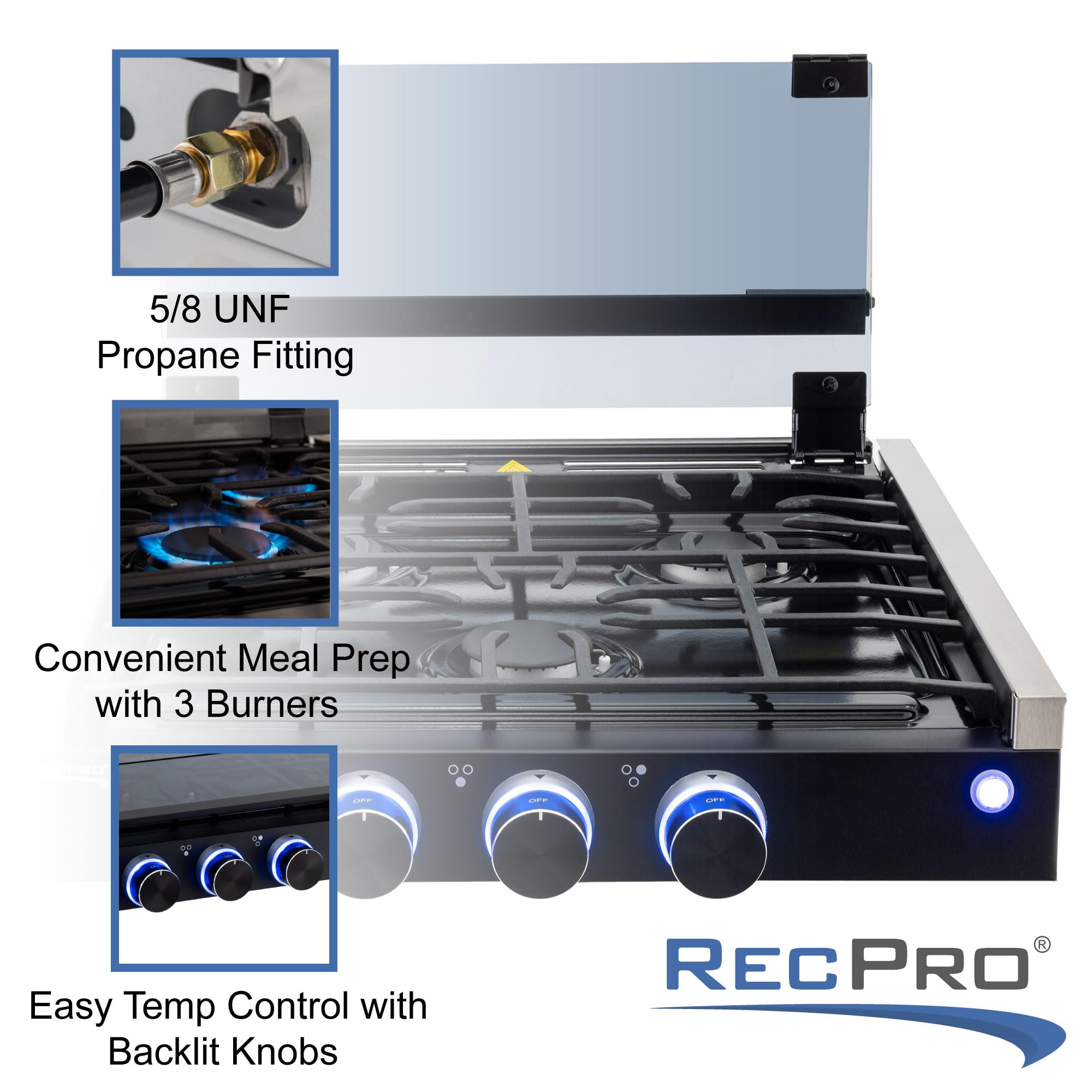 RecPro RV Built In Gas Cooktop | 2 Burner or 3 Burner | RV Cooktop Stove | 6,500 and 8,000 BTU Burners | Cover Included (Black, 3-Burner)