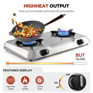 Propane Gas Cooktop 2 Burner Gas Stove Portable Stainless Steel Stove Auto Ignition Camping Dual LPG for RV, Apartment, Outdoor