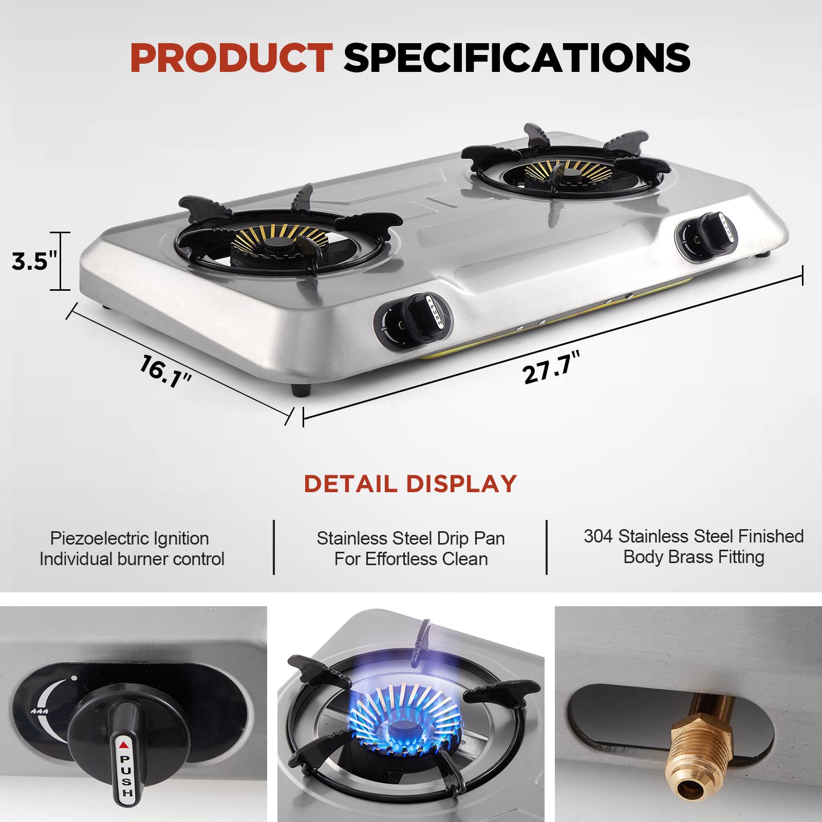 Propane Gas Cooktop 2 Burner Gas Stove Portable Stainless Steel Stove Auto Ignition Camping Dual LPG for RV, Apartment, Outdoor