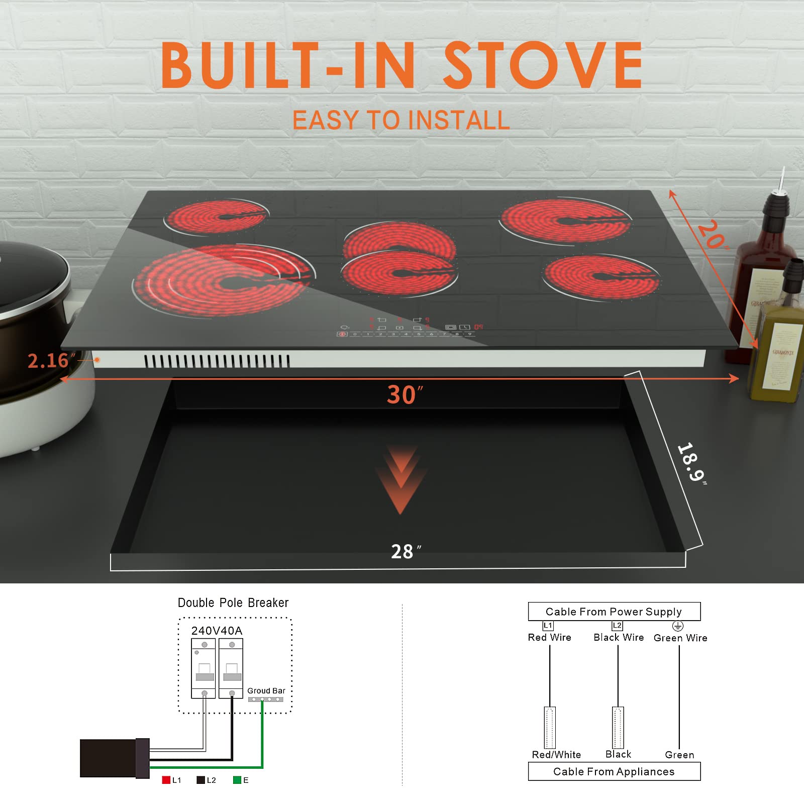 Davivy 30 inch Electric Cooktop 5 Burner,Drop in Electric Stovetop -Timer & Child Safety Lock,9 Heating Level,Over Temperature Protection,Sensor Touch Control,220~240V Hard Wire,8600W