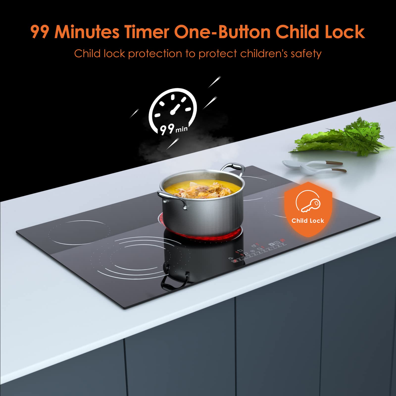 Davivy 30 inch Electric Cooktop 5 Burner,Drop in Electric Stovetop -Timer & Child Safety Lock,9 Heating Level,Over Temperature Protection,Sensor Touch Control,220~240V Hard Wire,8600W