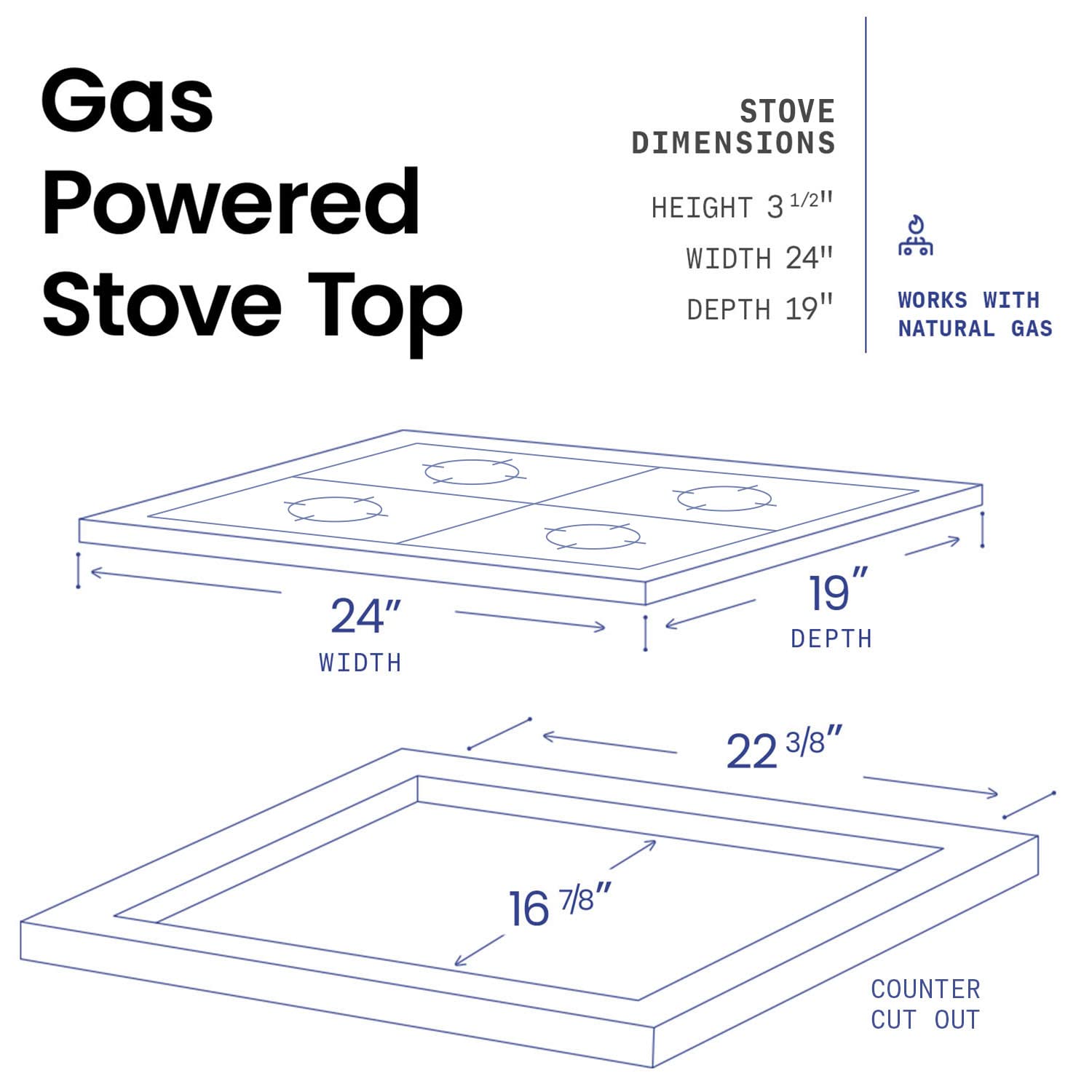 ABBA 24" Gas Cooktop with 4 Burners - Stainless-Steel Table Top with SABAF Aluminum Burners And Porcelain Surface, Home Improvement Essentials, Anti Spill & Easy to Clean, 24" x 3.5" x 19"