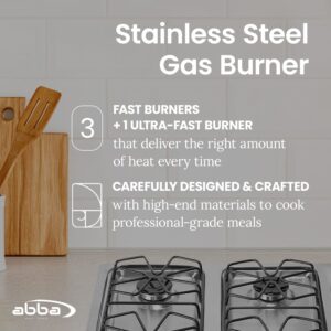 ABBA 24" Gas Cooktop with 4 Burners - Stainless-Steel Table Top with SABAF Aluminum Burners And Porcelain Surface, Home Improvement Essentials, Anti Spill & Easy to Clean, 24" x 3.5" x 19"