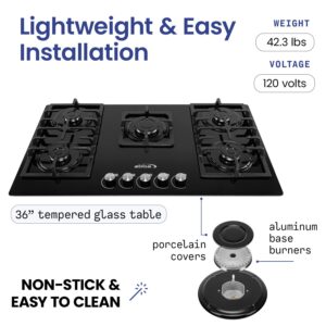 ABBA 36" Gas Cooktop with 5 Sealed Burners - Tempered Glass Surface with SABAF Burners, Natural Gas Stove for Countertop, Home Improvement Essentials, Easy to Clean, 36" x 4.1" x 20.5"