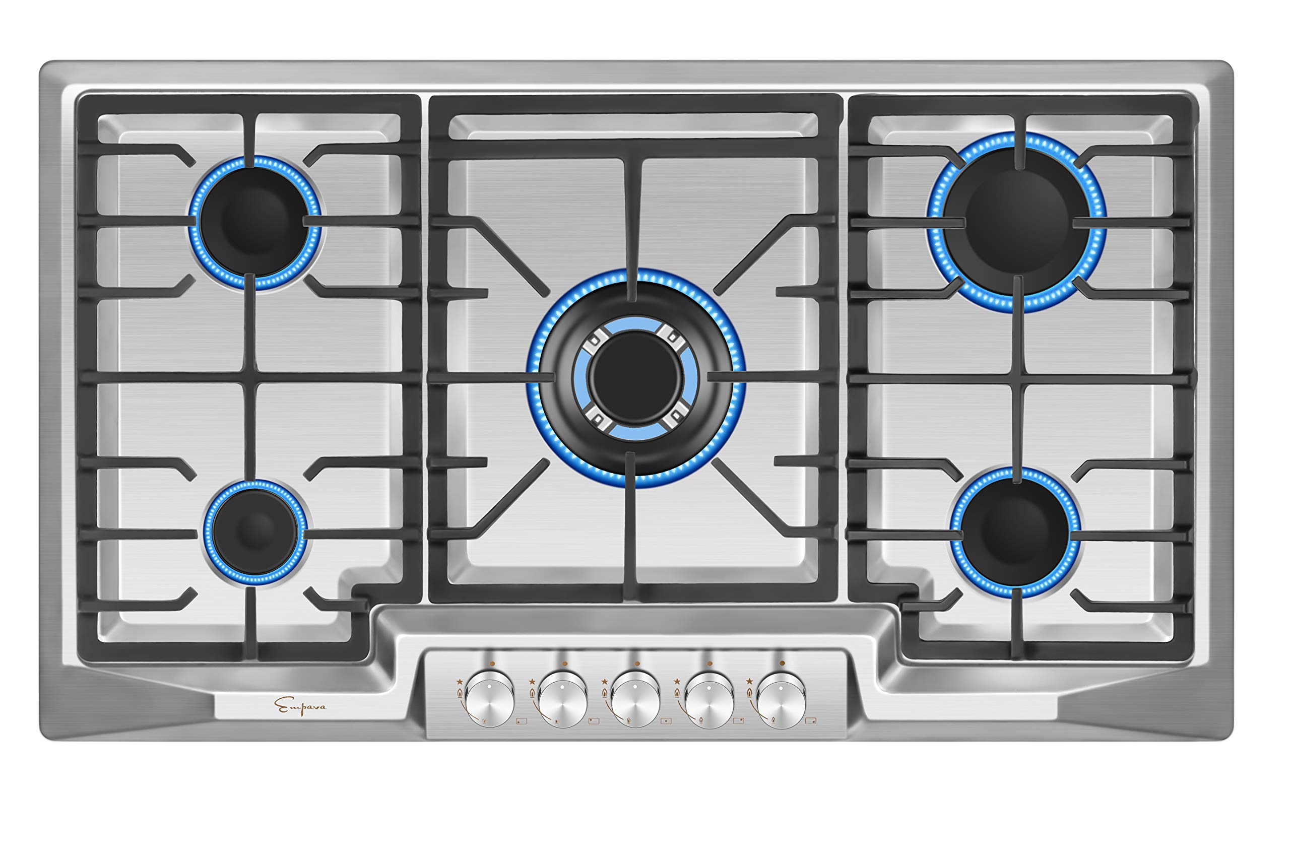 Empava 36 Inch Gas Stove Cooktop 5 Italy Sabaf Sealed Burners NG/LPG Convertible in Stainless Steel