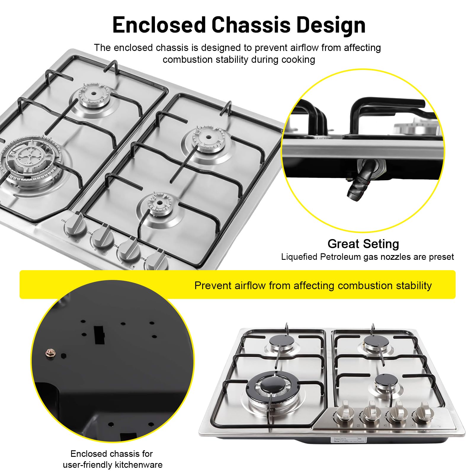 Gas Cooktop 22″x19″ Built in Gas Cooktop 4 Burners Stainless Steel Stove with NG/LPG Conversion Kit Thermocouple Protection