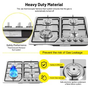 Gas Cooktop 22″x19″ Built in Gas Cooktop 4 Burners Stainless Steel Stove with NG/LPG Conversion Kit Thermocouple Protection