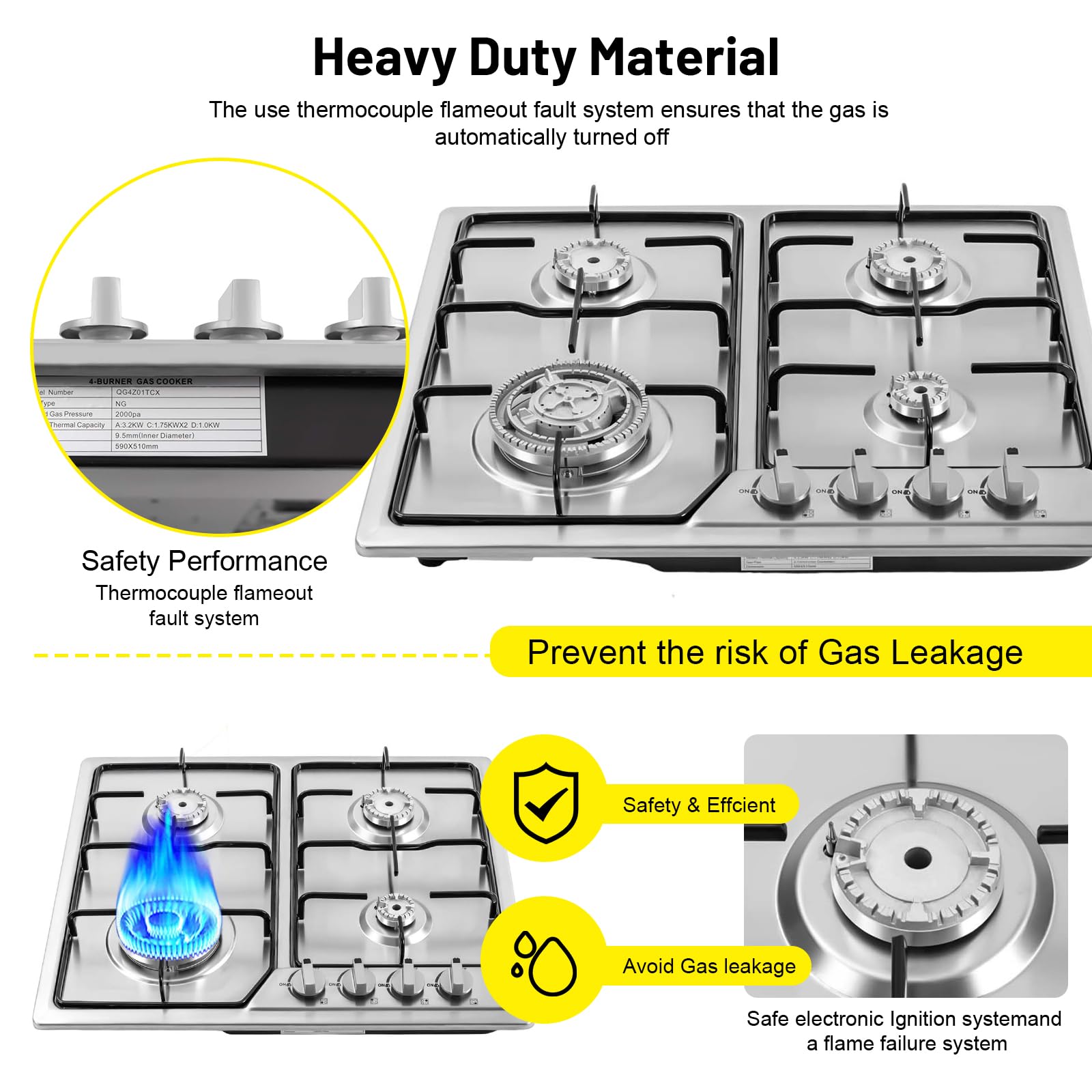 Gas Cooktop 22″x19″ Built in Gas Cooktop 4 Burners Stainless Steel Stove with NG/LPG Conversion Kit Thermocouple Protection