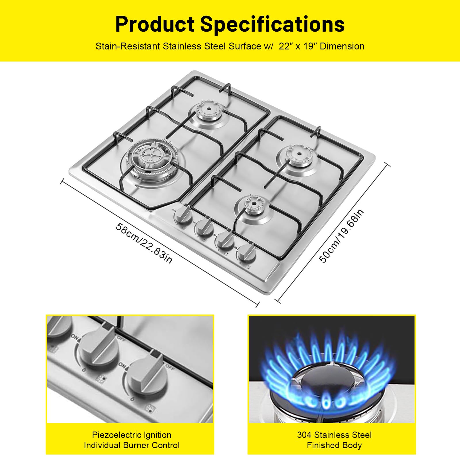 Gas Cooktop 22″x19″ Built in Gas Cooktop 4 Burners Stainless Steel Stove with NG/LPG Conversion Kit Thermocouple Protection