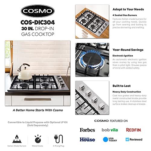 COSMO COS-DIC304 30 in. Gas Cooktop in Stainless Steel with 4 Italian Made Burners