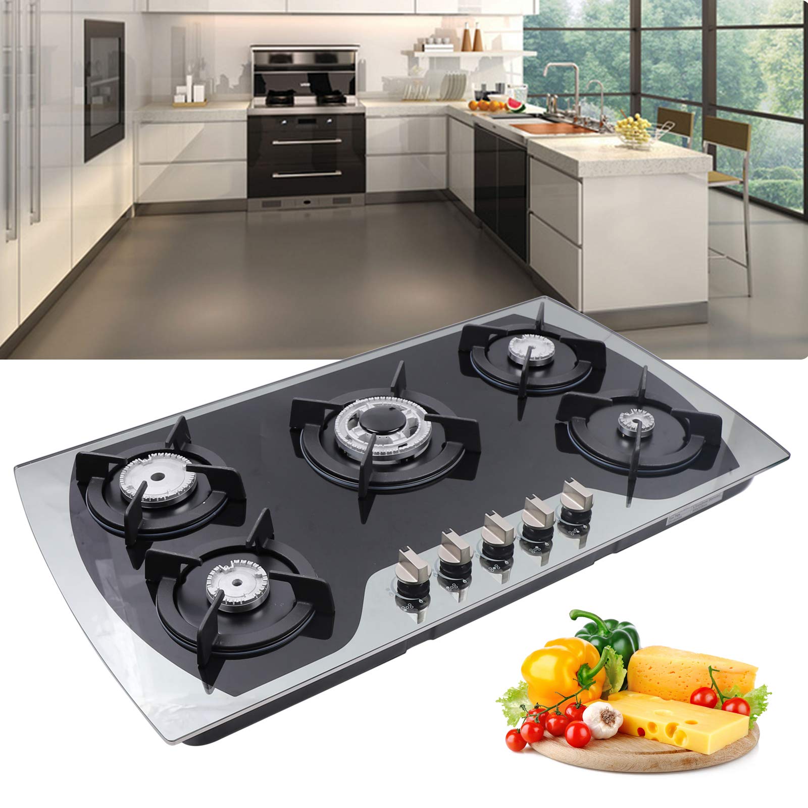 SNKOURIN 36" Gas Cooktop, Stainless Steel Built-in Gas Stove 5 Burners with Independent Switch Control, NG/LPG Convertible Gas Cooktop,Thermocouple Protection